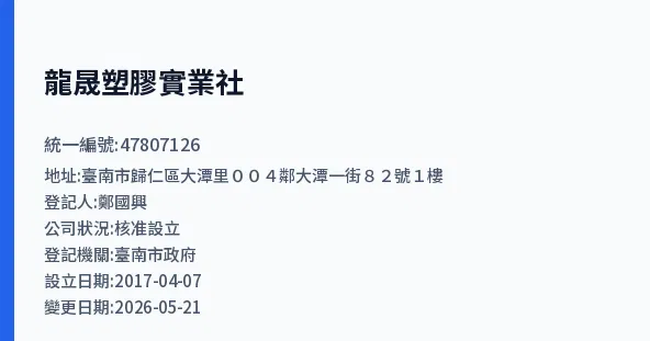 龍晟塑膠實業社的照片-統編 47807126(臺南市) 公司登記資料與營業項目詳細圖表