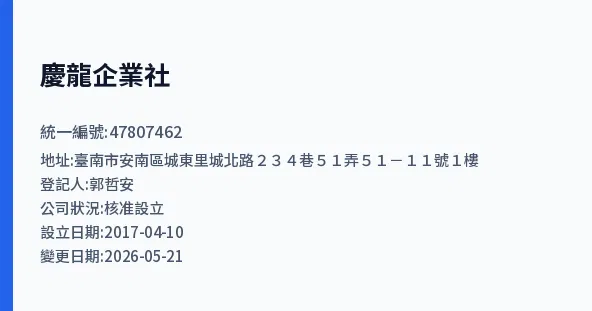 慶龍企業社的照片-統編 47807462(臺南市) 公司登記資料與營業項目詳細圖表