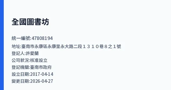 全國圖書坊的照片-統編 47808194(臺南市) 公司登記資料與營業項目詳細圖表