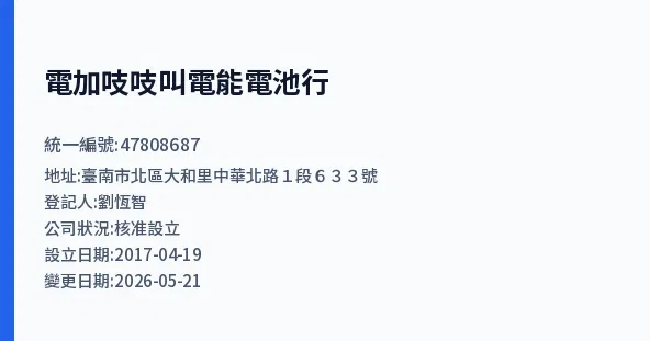 電加吱吱叫電能電池行的照片-統編 47808687(臺南市) 公司登記資料與營業項目詳細圖表