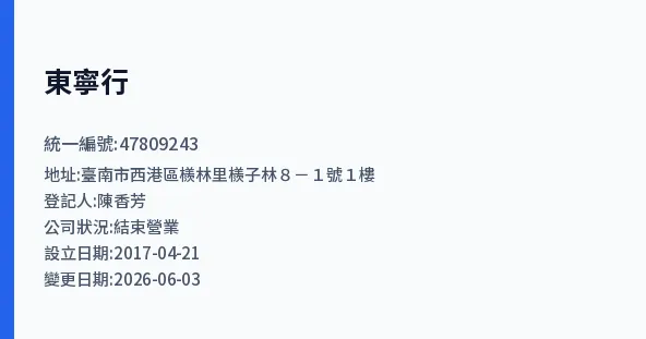 東寧行的照片-統編 47809243(臺南市) 公司登記資料與營業項目詳細圖表