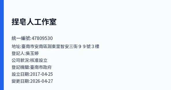 捏皂人工作室的照片-統編 47809530(臺南市) 公司登記資料與營業項目詳細圖表
