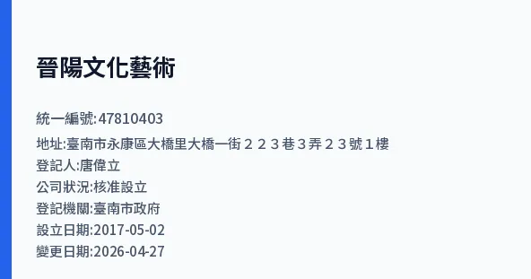 晉陽文化藝術的照片-統編 47810403(臺南市) 公司登記資料與營業項目詳細圖表