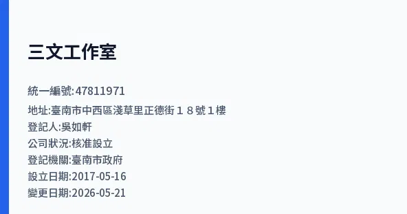 三文工作室的照片-統編 47811971(臺南市) 公司登記資料與營業項目詳細圖表