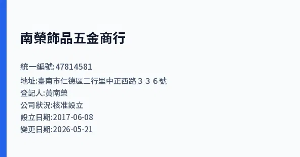 南榮飾品五金商行的照片-統編 47814581(臺南市) 公司登記資料與營業項目詳細圖表