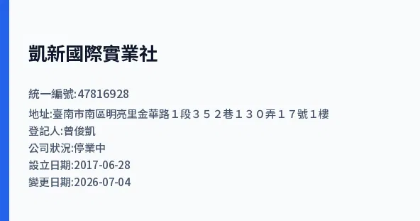 凱新國際實業社的照片-統編 47816928(臺南市) 公司登記資料與營業項目詳細圖表