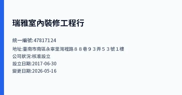 瑞雅室內裝修工程行的照片-統編 47817124(臺南市) 公司登記資料與營業項目詳細圖表