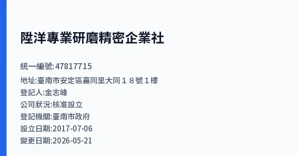 陞洋專業研磨精密企業社的照片-統編 47817715(臺南市) 公司登記資料與營業項目詳細圖表
