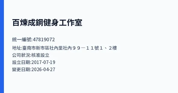 百煉成鋼健身工作室的照片-統編 47819072(臺南市) 公司登記資料與營業項目詳細圖表