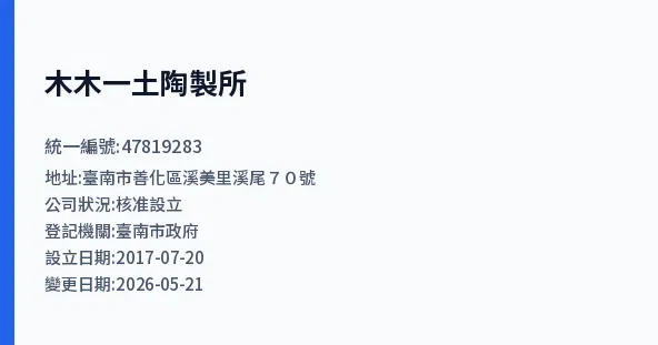木木一土陶製所的照片-統編 47819283(臺南市) 公司登記資料與營業項目詳細圖表