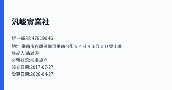 汎峻實業社的照片-統編 47819946(臺南市) 公司登記資料與營業項目詳細圖表