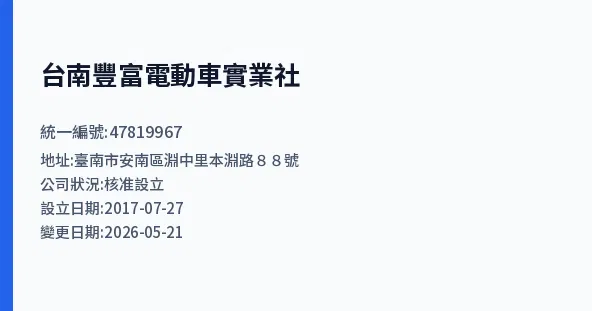 台南豐富電動車實業社的照片-統編 47819967(臺南市) 公司登記資料與營業項目詳細圖表