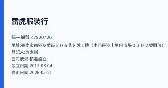 雷虎服裝行的照片-統編 47820726(臺南市) 公司登記資料與營業項目詳細圖表
