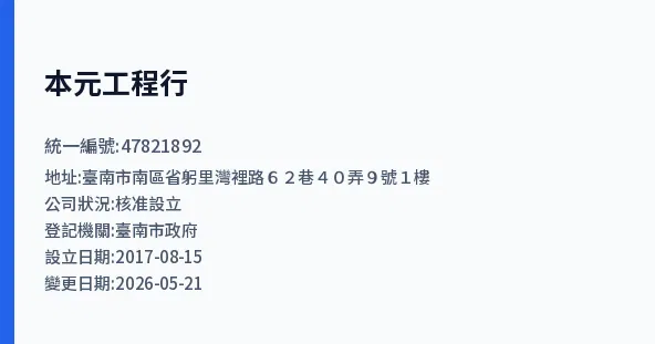 本元工程行的照片-統編 47821892(臺南市) 公司登記資料與營業項目詳細圖表