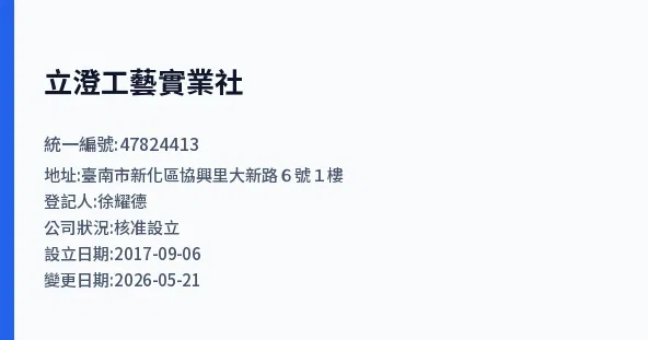 立澄工藝實業社的照片-統編 47824413(臺南市) 公司登記資料與營業項目詳細圖表