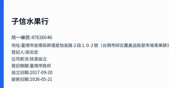 子信水果行的照片-統編 47826046(臺南市) 公司登記資料與營業項目詳細圖表