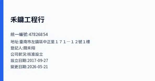 禾鏞工程行的照片-統編 47826854(臺南市) 公司登記資料與營業項目詳細圖表