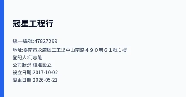 冠星工程行的照片-統編 47827299(臺南市) 公司登記資料與營業項目詳細圖表