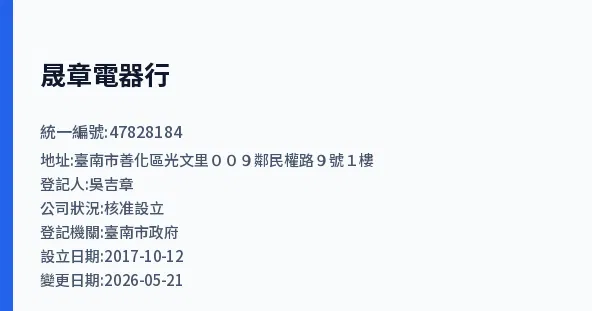 晟章電器行的照片-統編 47828184(臺南市) 公司登記資料與營業項目詳細圖表