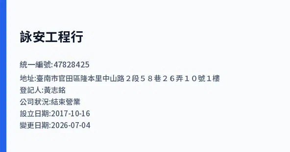 詠安工程行的照片-統編 47828425(臺南市) 公司登記資料與營業項目詳細圖表