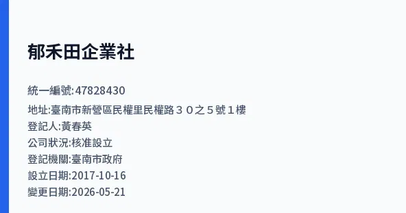 郁禾田企業社的照片-統編 47828430(臺南市) 公司登記資料與營業項目詳細圖表