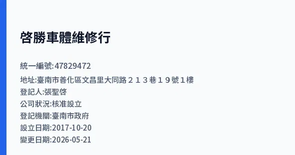 啓勝車體維修行的照片-統編 47829472(臺南市) 公司登記資料與營業項目詳細圖表