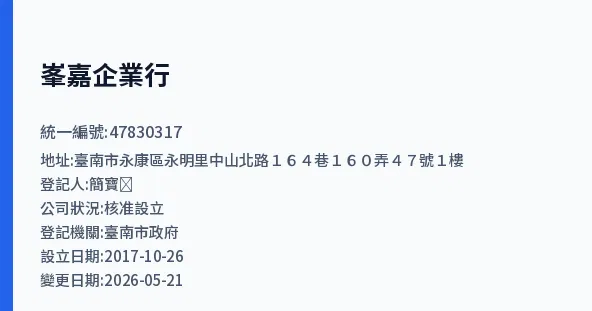 峯嘉企業行的照片-統編 47830317(臺南市) 公司登記資料與營業項目詳細圖表