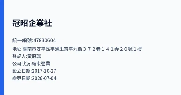 冠昭企業社的照片-統編 47830604(臺南市) 公司登記資料與營業項目詳細圖表