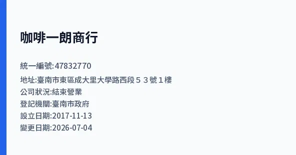 咖啡一朗商行的照片-統編 47832770(臺南市) 公司登記資料與營業項目詳細圖表