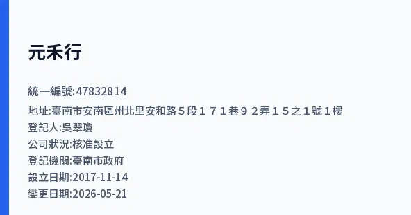 元禾行的照片-統編 47832814(臺南市) 公司登記資料與營業項目詳細圖表