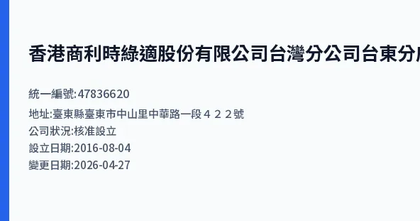 香港商利時綠適股份有限公司台灣分公司台東分店的照片-統編 47836620(臺東縣) 公司登記資料與營業項目詳細圖表