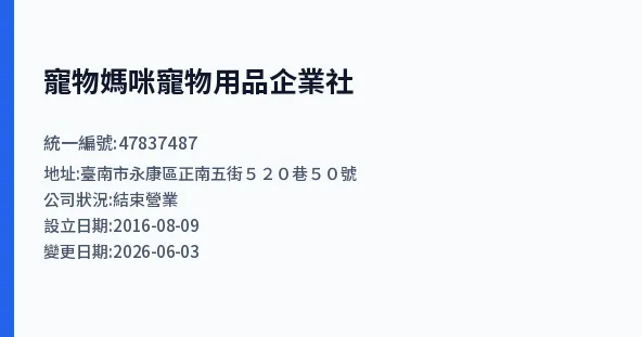 寵物媽咪寵物用品企業社的照片-統編 47837487(臺南市) 公司登記資料與營業項目詳細圖表