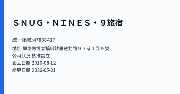 SNUG·NINE S·9旅宿的照片-統編 47838417(屏東縣) 公司登記資料與營業項目詳細圖表