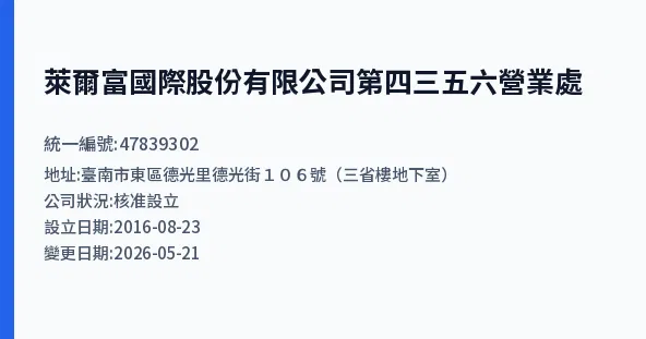萊爾富國際股份有限公司第四三五六營業處的照片-統編 47839302(臺南市) 公司登記資料與營業項目詳細圖表