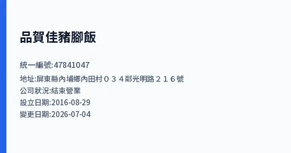 品賀佳豬腳飯的照片-統編 47841047(屏東縣) 公司登記資料與營業項目詳細圖表