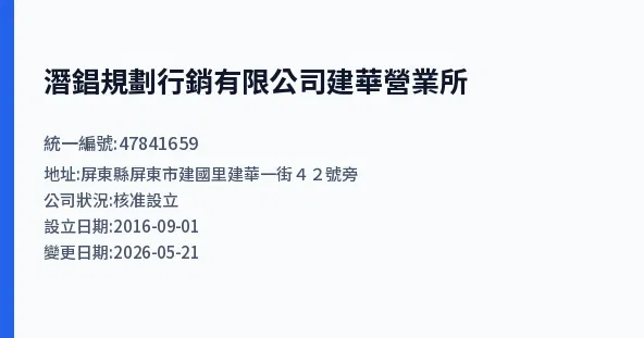 潛錩規劃行銷有限公司建華營業所的照片-統編 47841659(屏東縣) 公司登記資料與營業項目詳細圖表