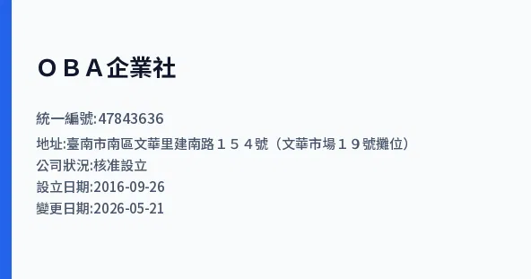 OBA企業社的照片-統編 47843636(臺南市) 公司登記資料與營業項目詳細圖表