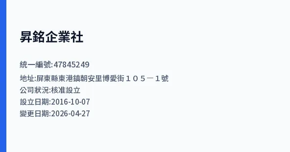 昇銘企業社的照片-統編 47845249(屏東縣) 公司登記資料與營業項目詳細圖表