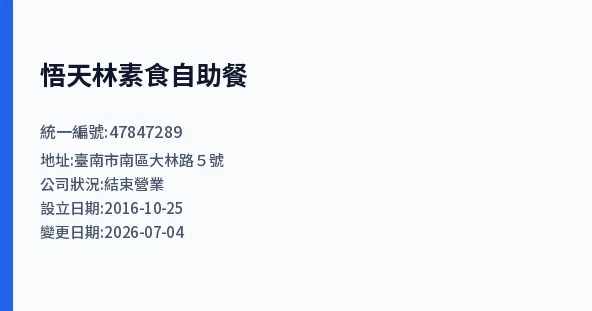 悟天林素食自助餐的照片-統編 47847289(臺南市) 公司登記資料與營業項目詳細圖表