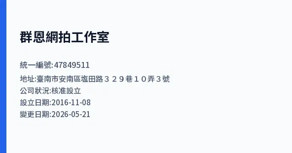 群恩網拍工作室的照片-統編 47849511(臺南市) 公司登記資料與營業項目詳細圖表