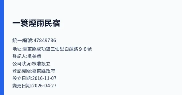 一簑煙雨民宿的照片-統編 47849786(臺東縣) 公司登記資料與營業項目詳細圖表