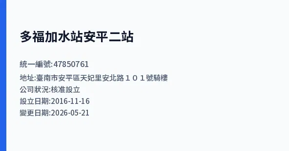 多福加水站安平二站的照片-統編 47850761(臺南市) 公司登記資料與營業項目詳細圖表
