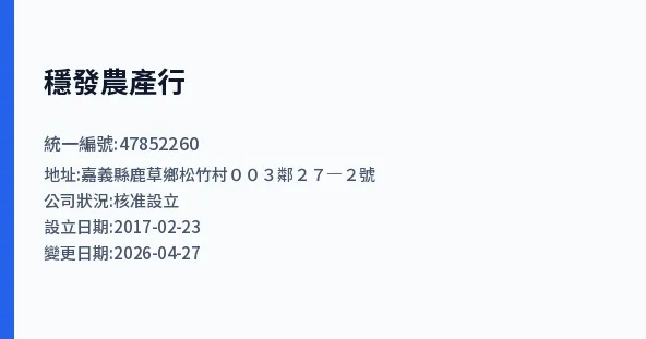 穩發農產行的照片-統編 47852260(嘉義縣) 公司登記資料與營業項目詳細圖表