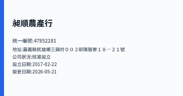 昶順農產行的照片-統編 47852281(嘉義縣) 公司登記資料與營業項目詳細圖表