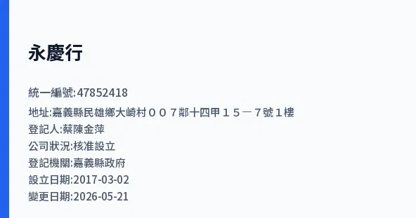 永慶行的照片-統編 47852418(嘉義縣) 公司登記資料與營業項目詳細圖表