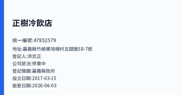 正樹冷飲店的照片-統編 47852579(嘉義縣) 公司登記資料與營業項目詳細圖表