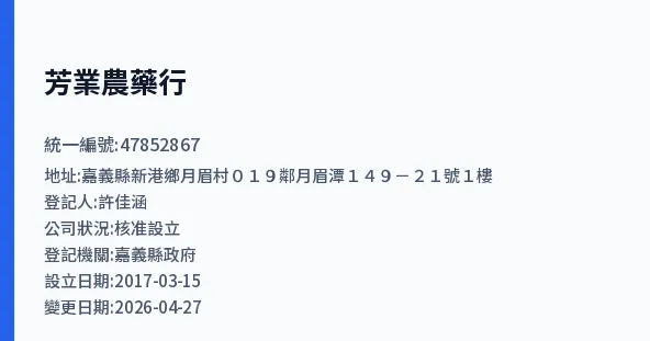芳業農藥行的照片-統編 47852867(嘉義縣) 公司登記資料與營業項目詳細圖表