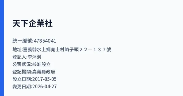 天下企業社的照片-統編 47854041(嘉義縣) 公司登記資料與營業項目詳細圖表