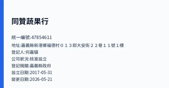 同贊蔬果行的照片-統編 47854611(嘉義縣) 公司登記資料與營業項目詳細圖表