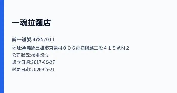 一魂拉麵店的照片-統編 47857011(嘉義縣) 公司登記資料與營業項目詳細圖表